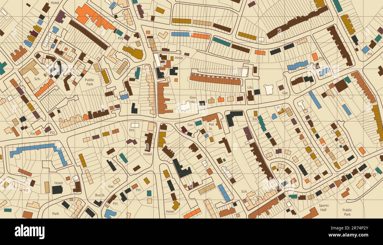 Colorful editable vector illustrated map of housing in a generic town ...