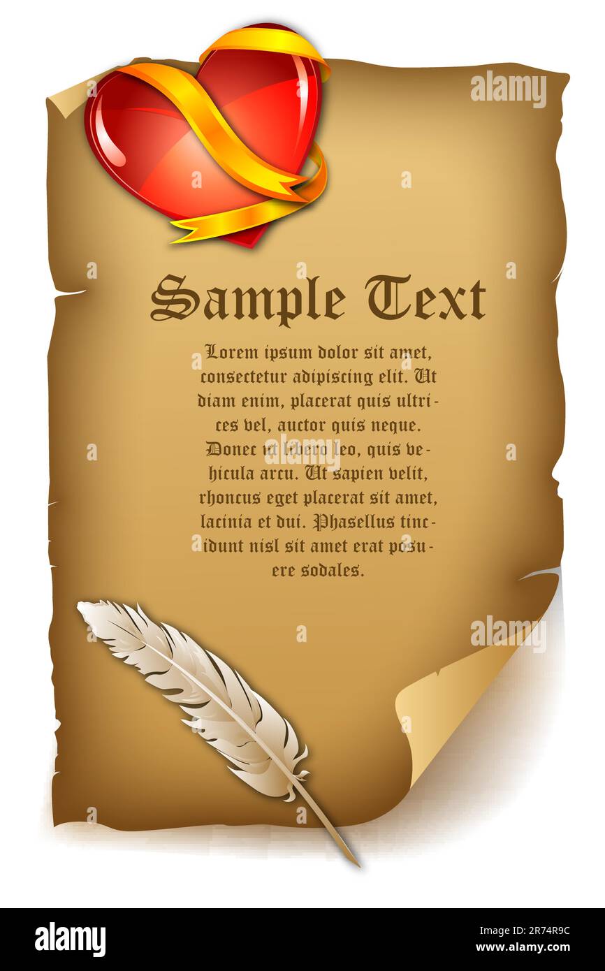 illustration of love letter with feather and heart on white background ...