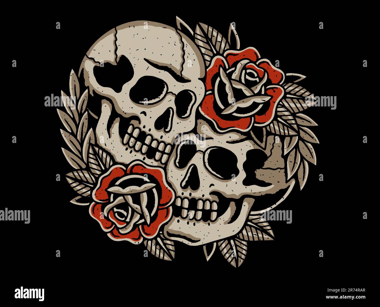 tattoo inspired graphic design 2 skulls with roses on black background ...