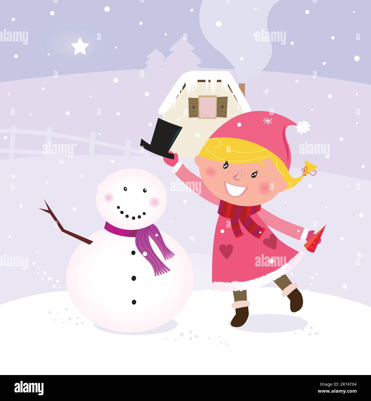 Happy smiling girl in pink costume making snowman in winter nature ...