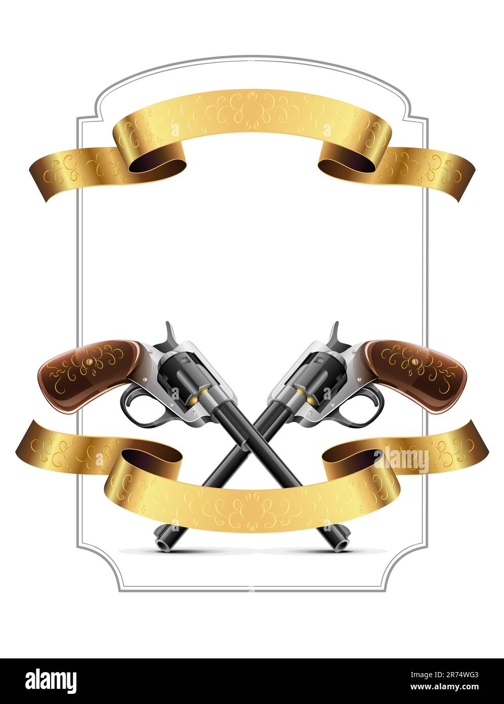 gun revolver crossed with gold ribbon and frame vector illustration ...