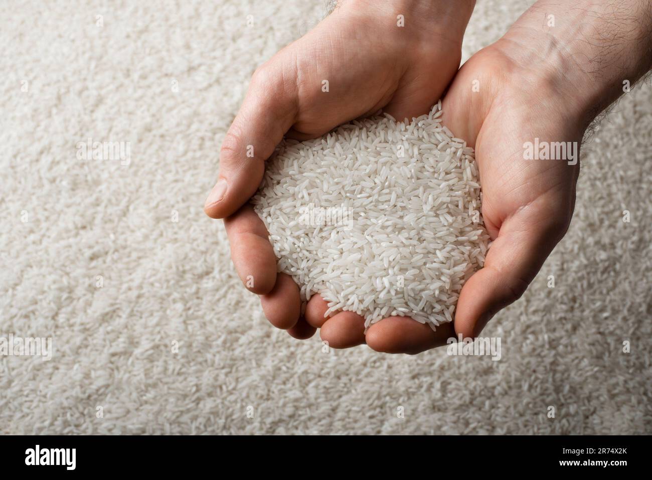 Human hands holding handful of rice plain rice background Stock Photo ...