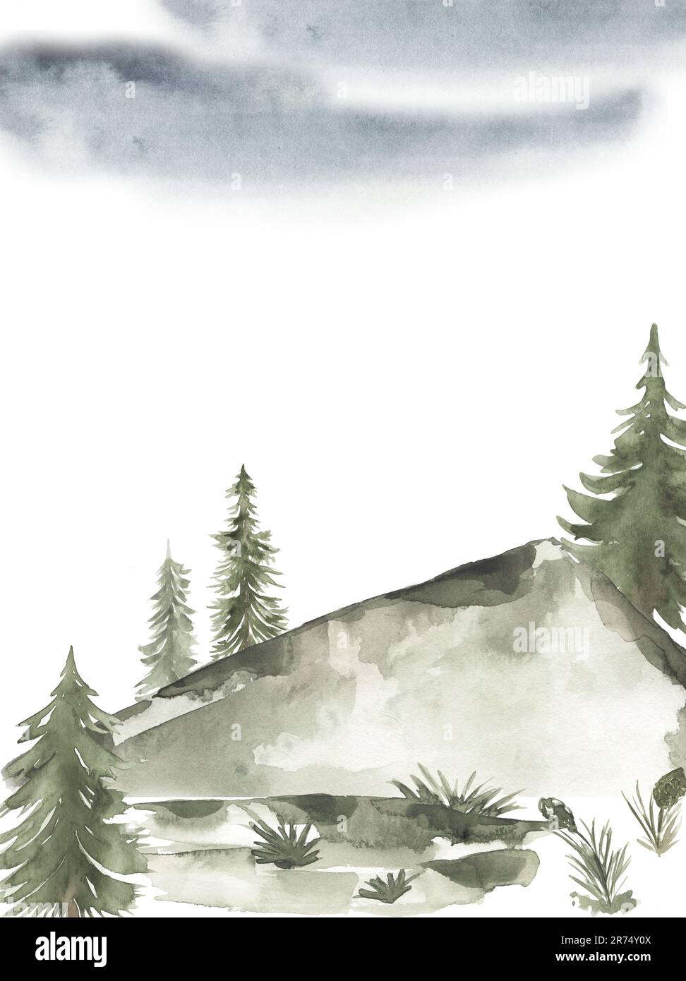 Watercolor woodland and mountains frame illustration, forest background ...