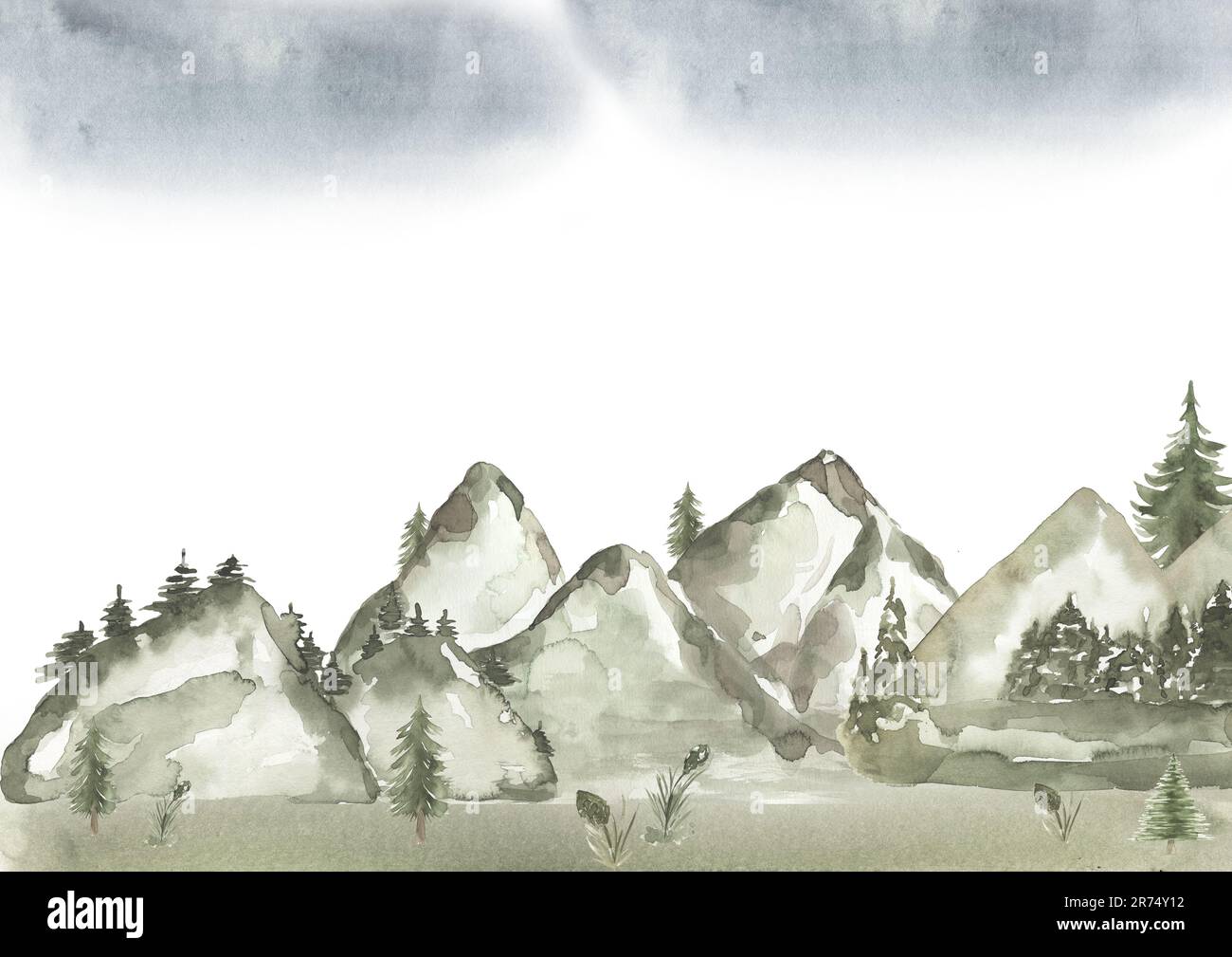 Watercolor woodland and mountains frame illustration, forest background ...