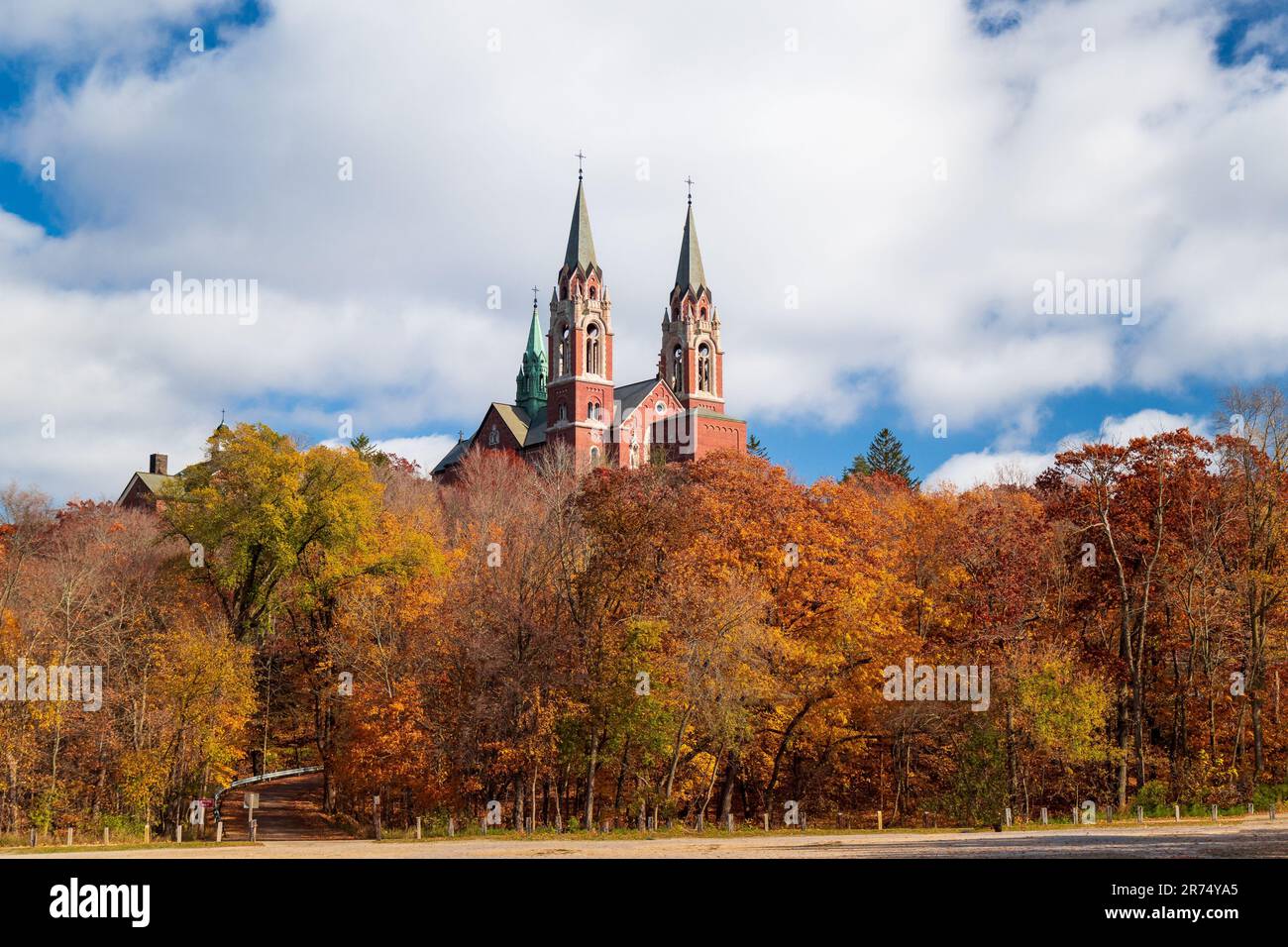 The Holy Hill Basilica and National Shrine of Mary surrounded by trees ...