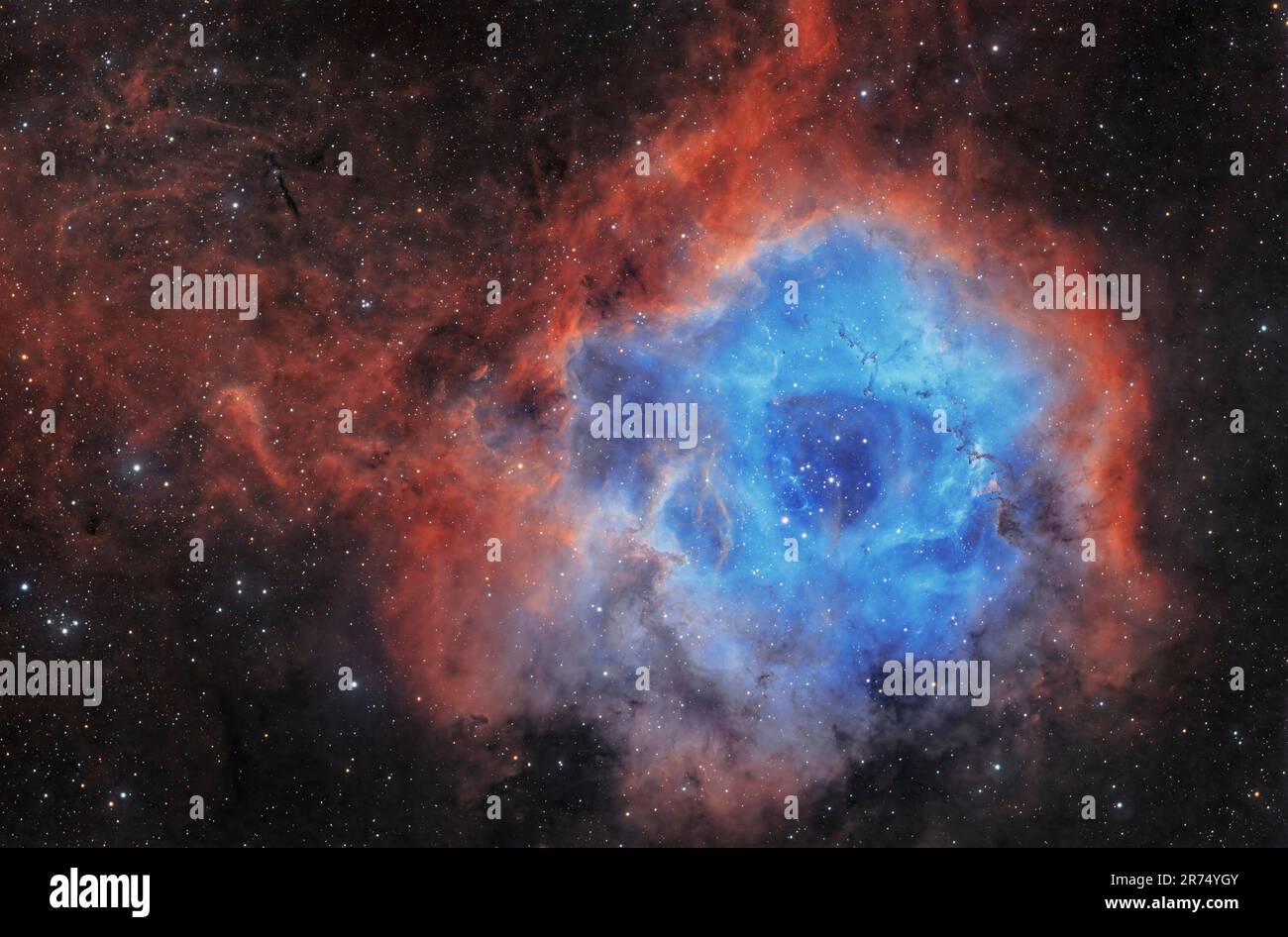 The Rosette Nebula is a diffuse emission nebula with embedded open star cluster in the ...