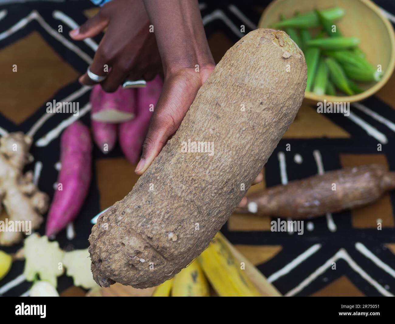 african woman holding yuka veggie to prepare local food , over lots of ...