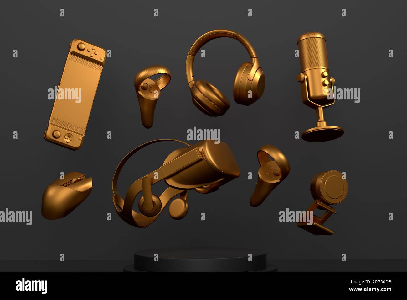 Set of video game microphone, VR glasses and headphones on cylinder ...