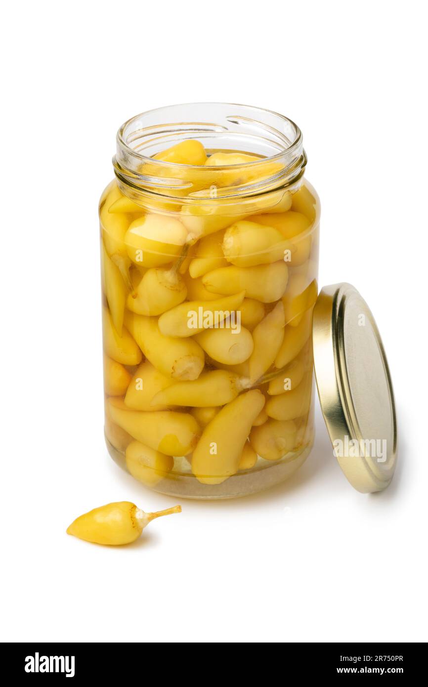 Glass jar with small pickled yellow Turkish hot peppers, Biberiye ...