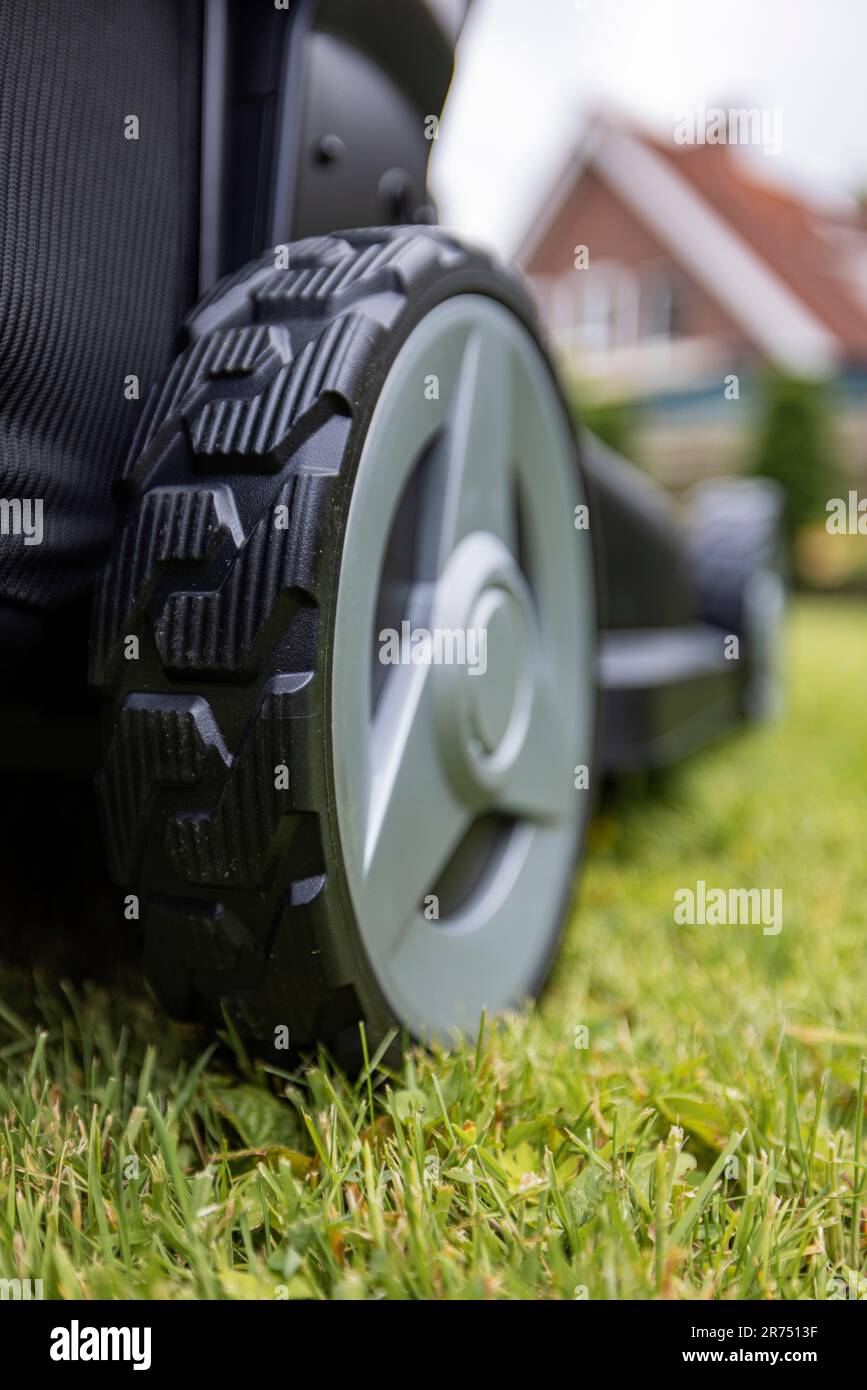 Lawn mower wheel rear, detail, new battery lawn mower WORX NITRO WG749E ...