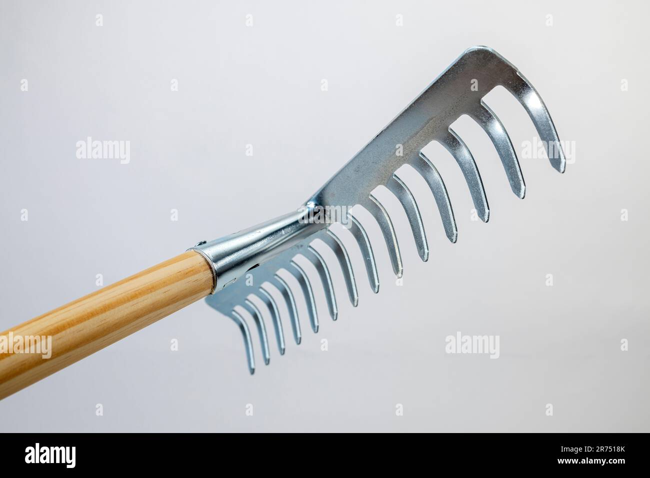 Garden rake, with wooden handle, silver galvanized tines, detail, white ...
