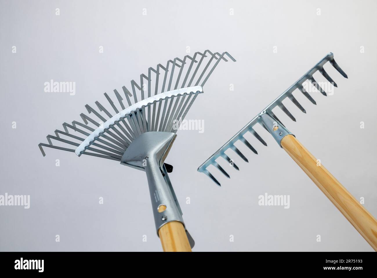 Leaf broom and garden rake, with wooden handle, silver galvanized ...