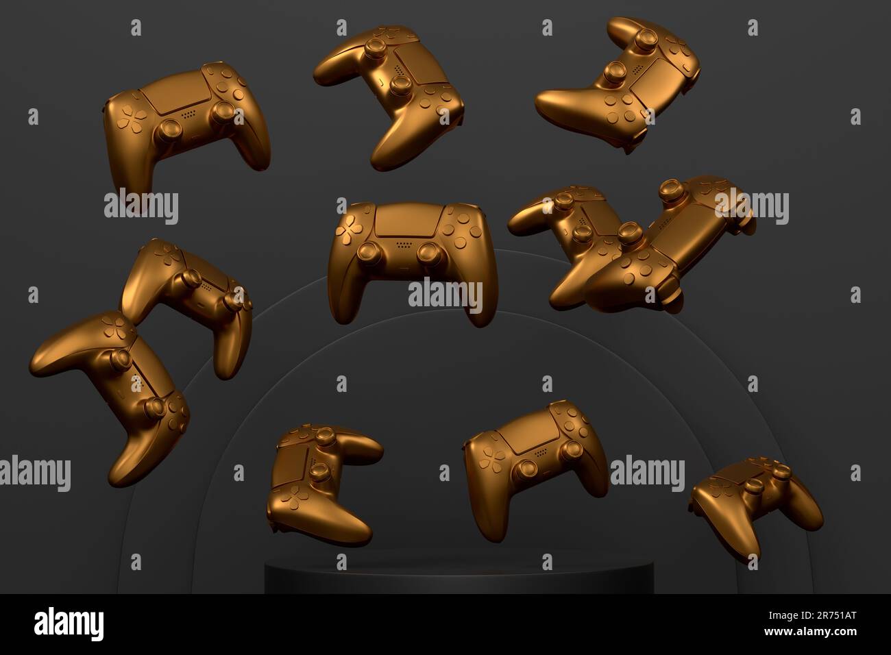 Set of video game joystick on cylinder podium with steps on monochrome ...