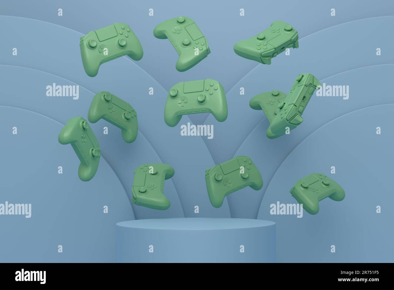 Set of video game joystick on cylinder podium with steps on monochrome ...