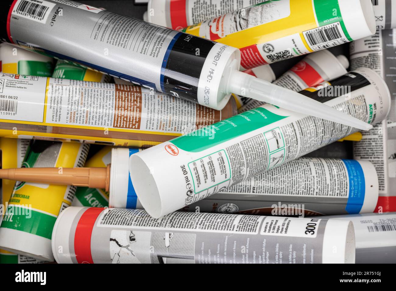 Transport box with empty and expired silicone cartridges, detail ...