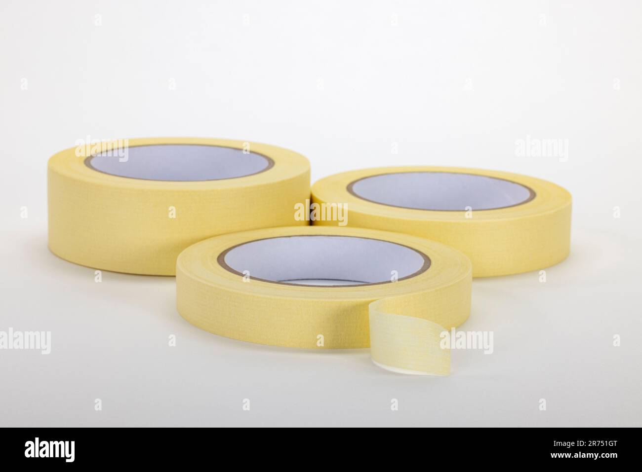 Three different width crepe tape, painter crepe tape, white background ...