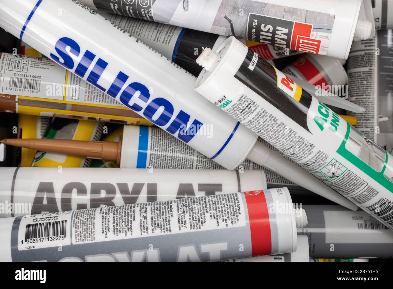 Transport box with empty and expired silicone cartridges, detail ...