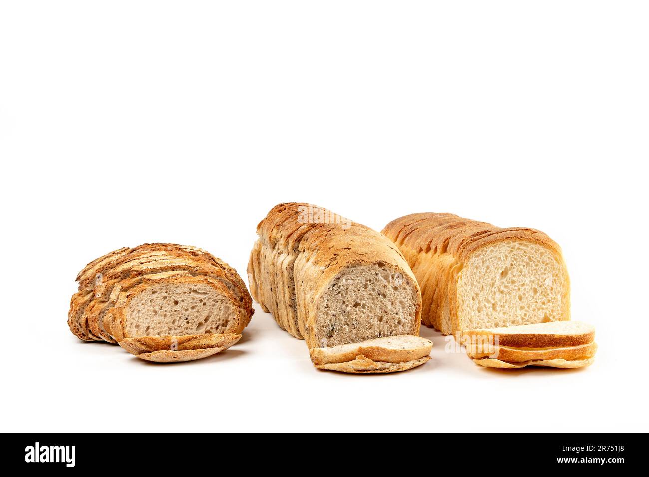 Sliced bread with a crispy brown crust on white background Stock Photo ...