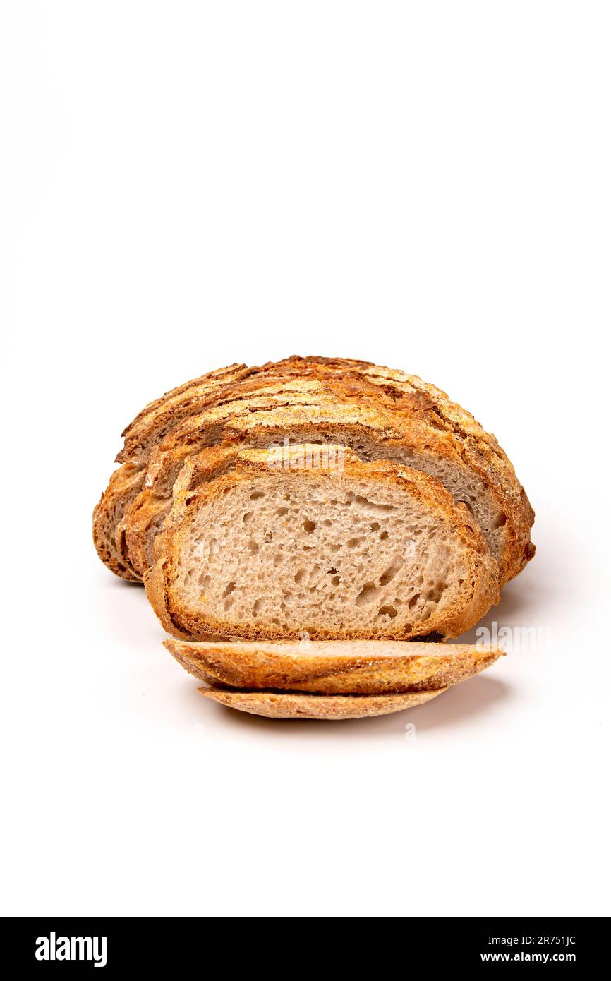 Sliced bread with a crispy brown crust on white background Stock Photo ...