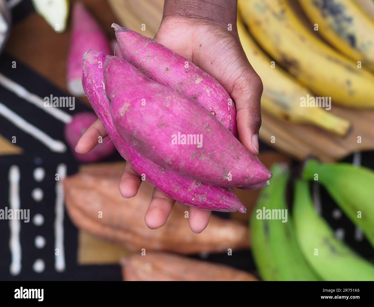 black woman holding African Red Sweet Potato, other local ingredients ...