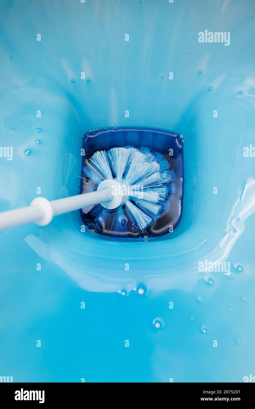 Clean toilet, liquid toilet cleaner soak, toilet brush, detail Stock ...