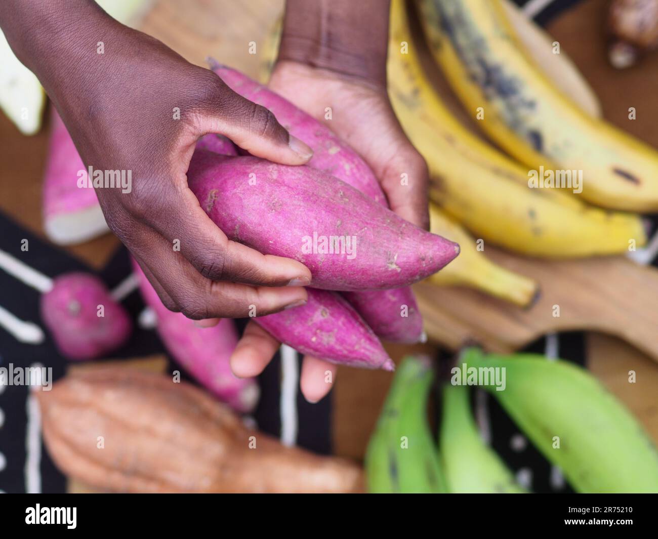 black woman holding African Red Sweet Potato, other local ingredients ...
