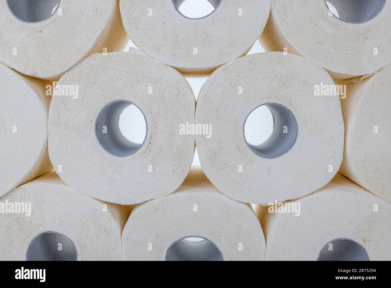 Many toilet paper rolls, stacked, detail, white background Stock Photo ...