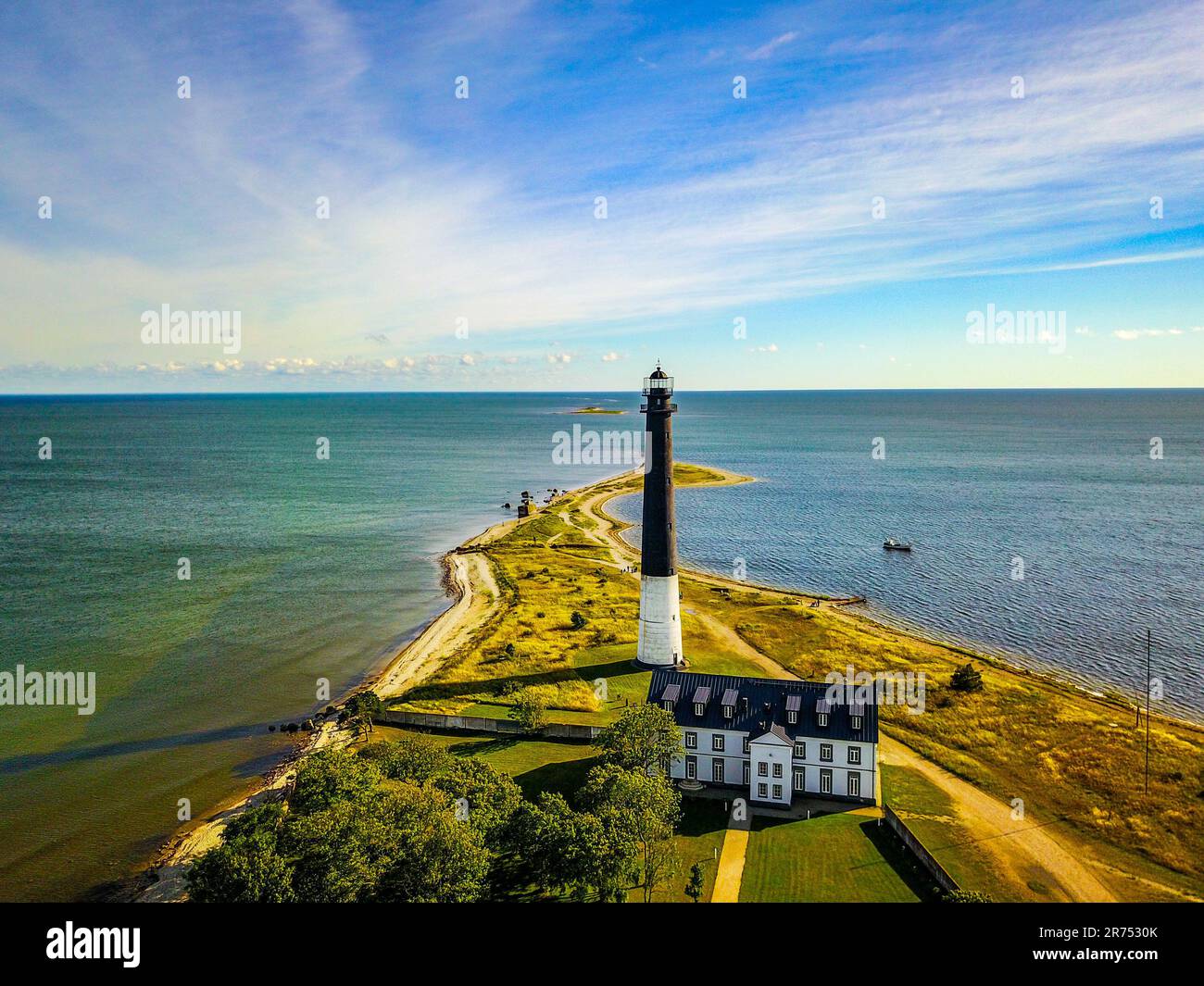 An aerial view of the Lighthouse on the Sorve Peninsula on the island ...