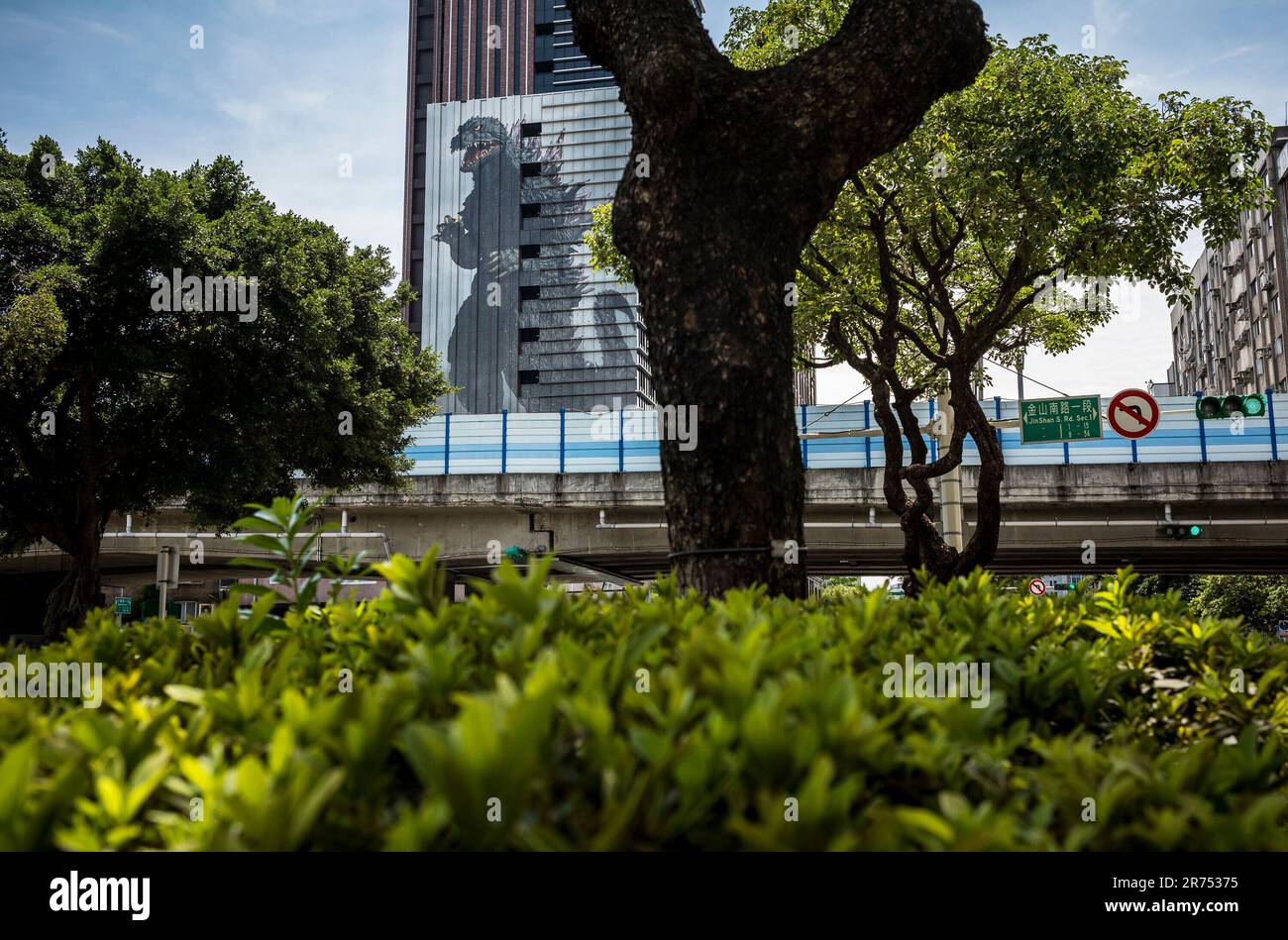 Taipei. 13th June, 2023. Godzilla mural on the wall of Hotel Gracery in ...