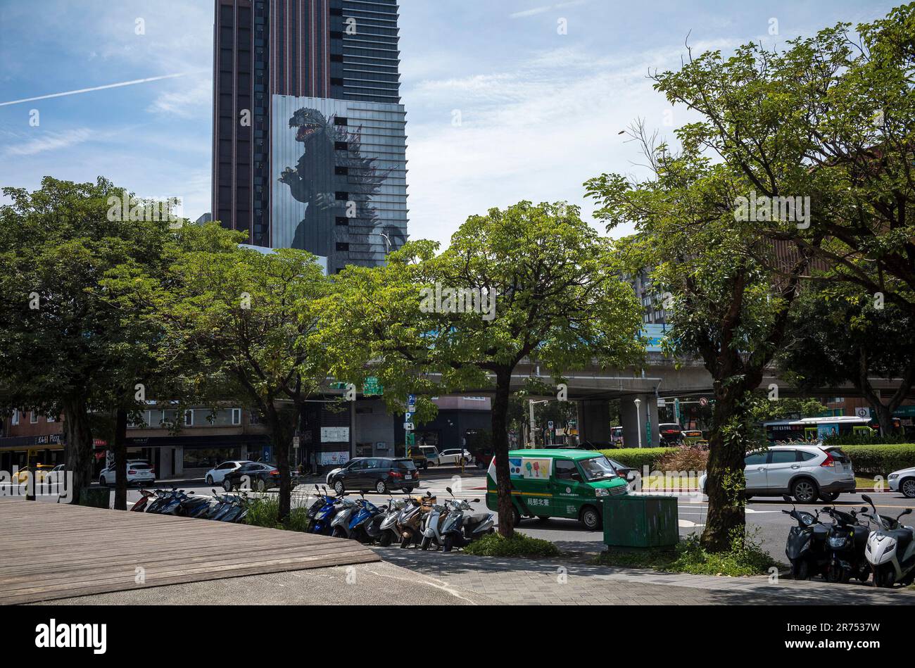 Taipei. 13th June, 2023. Godzilla mural on the wall of Hotel Gracery in ...