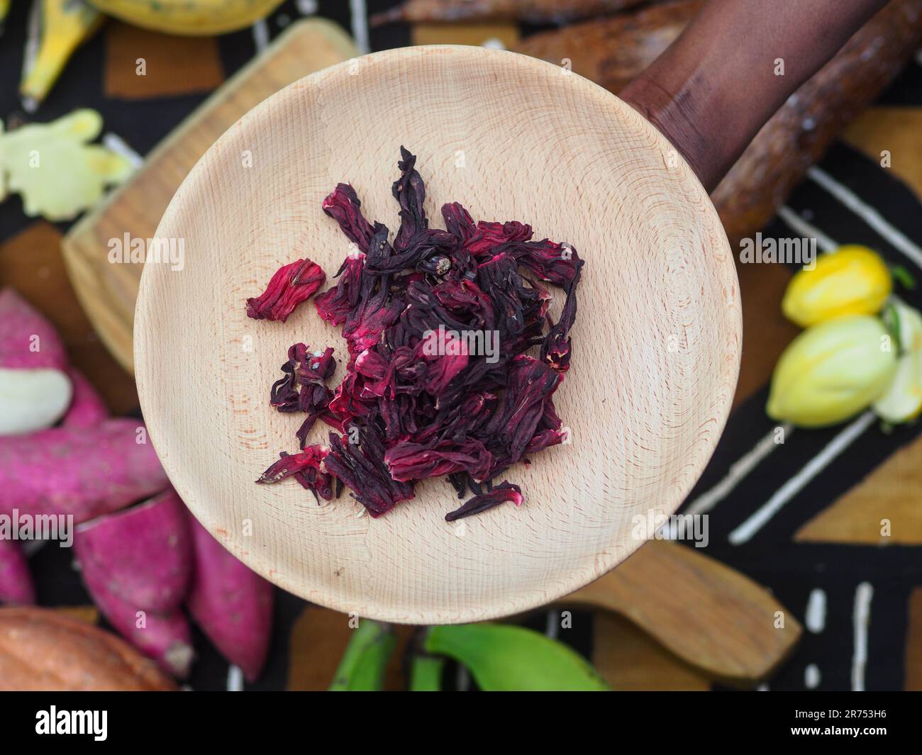 a pile of red dried Hibiscus tea leaves. Karkade tea Stock Photo - Alamy