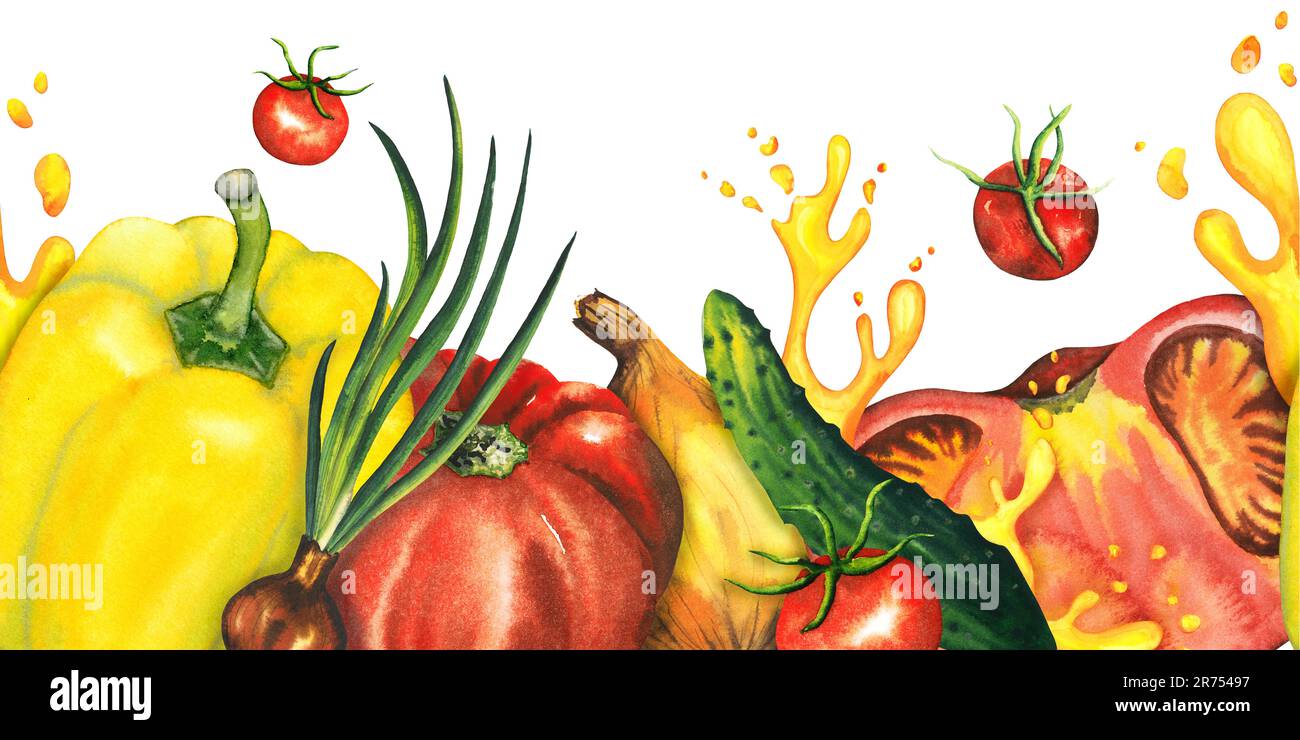 Watercolor vegetables seamless horizontal border with tomatos, cucumber ...