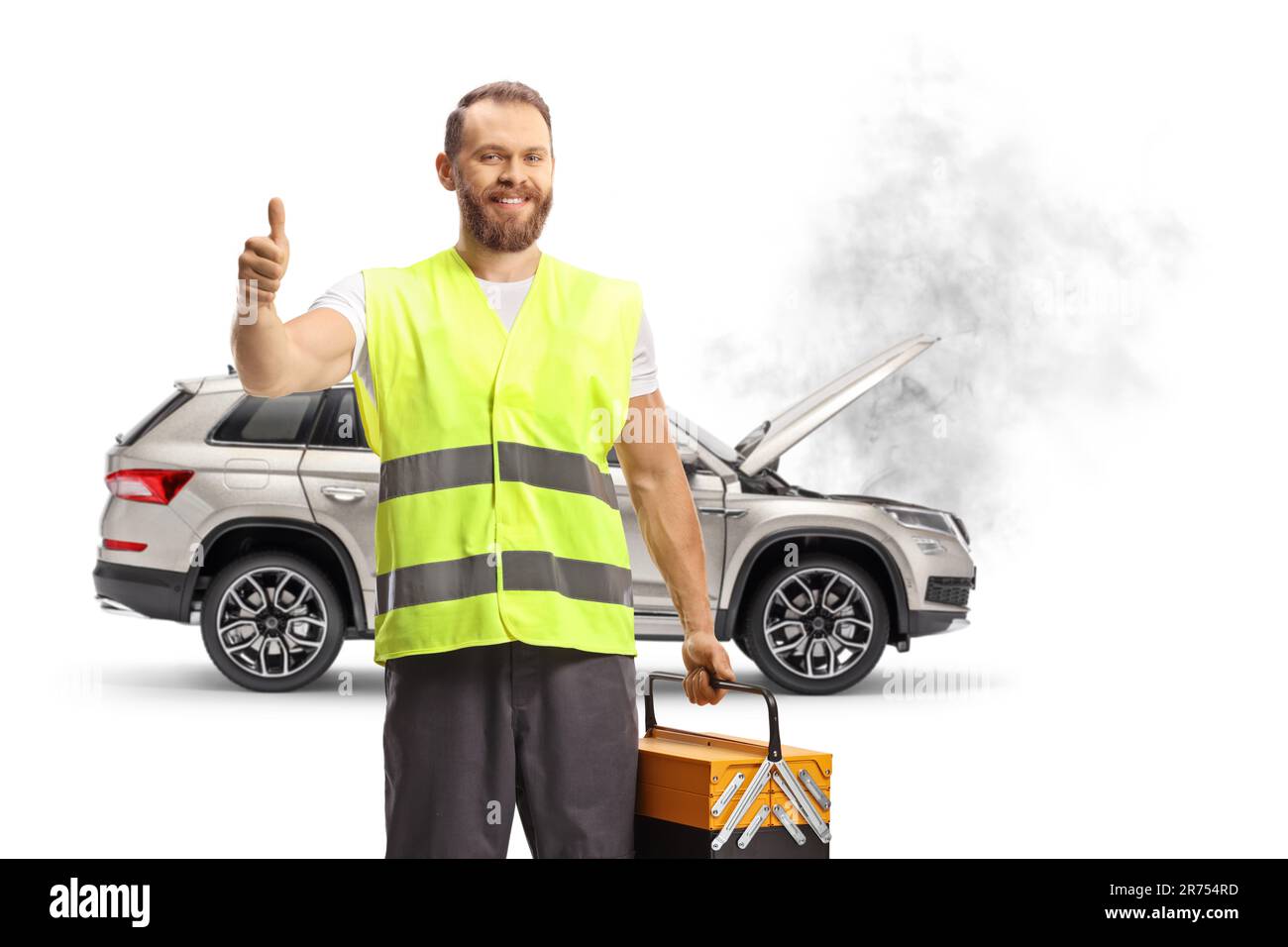 Road assistance agent standing in front of a SUV with an open hood and ...