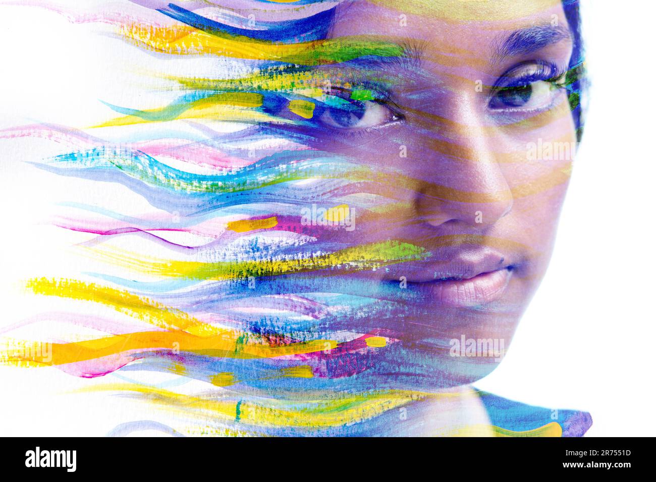 Paintography portrait of a woman's face and colorful wavy paint lines ...