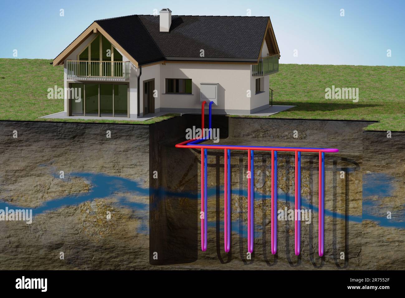 Vertical ground source heat pump system for heating home with geothermal energy. 3D rendered ...