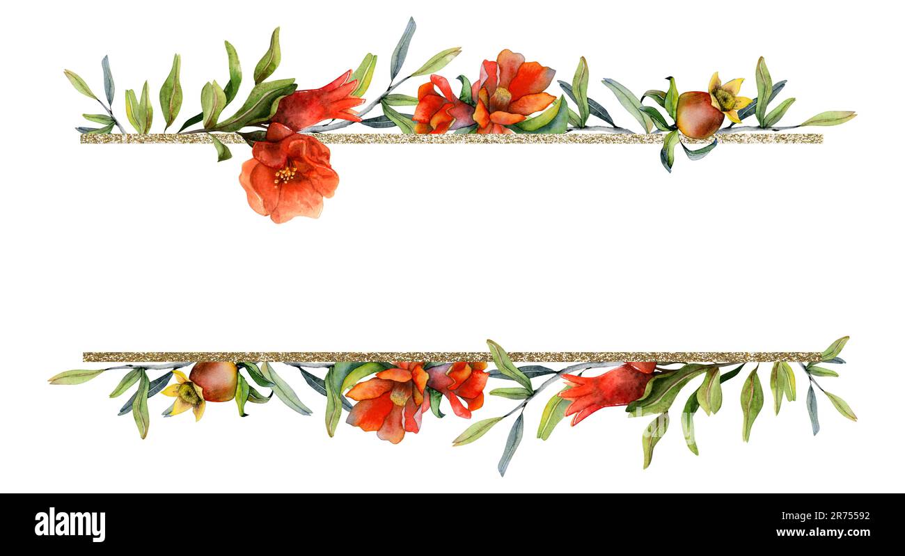 Red pomegranate flowers watercolor rectangular frame for Rosh Hashanah ...