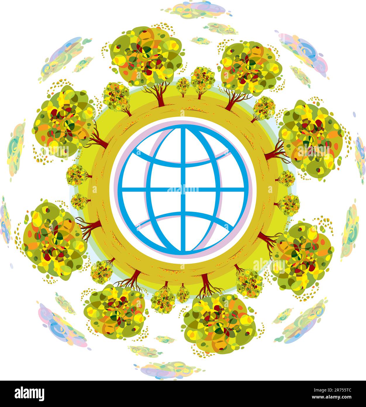 Symbolic eco world concept, nature landscape around the earth, trees ...