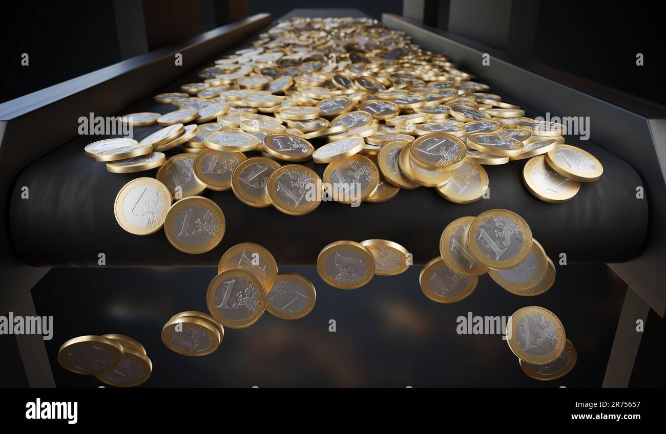 Many Euro coins on conveyor belt. Banking and inflation concept. 3D ...