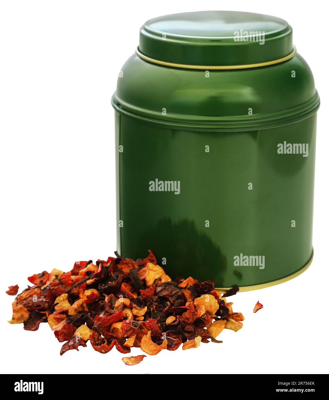 Herbal tea of roselle, rose hips and apple with a green tea container ...