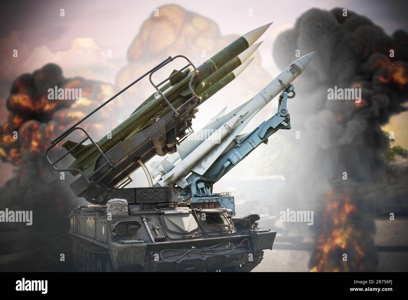 Warhead missiles and explosions in background. War concept. 3D rendered ...