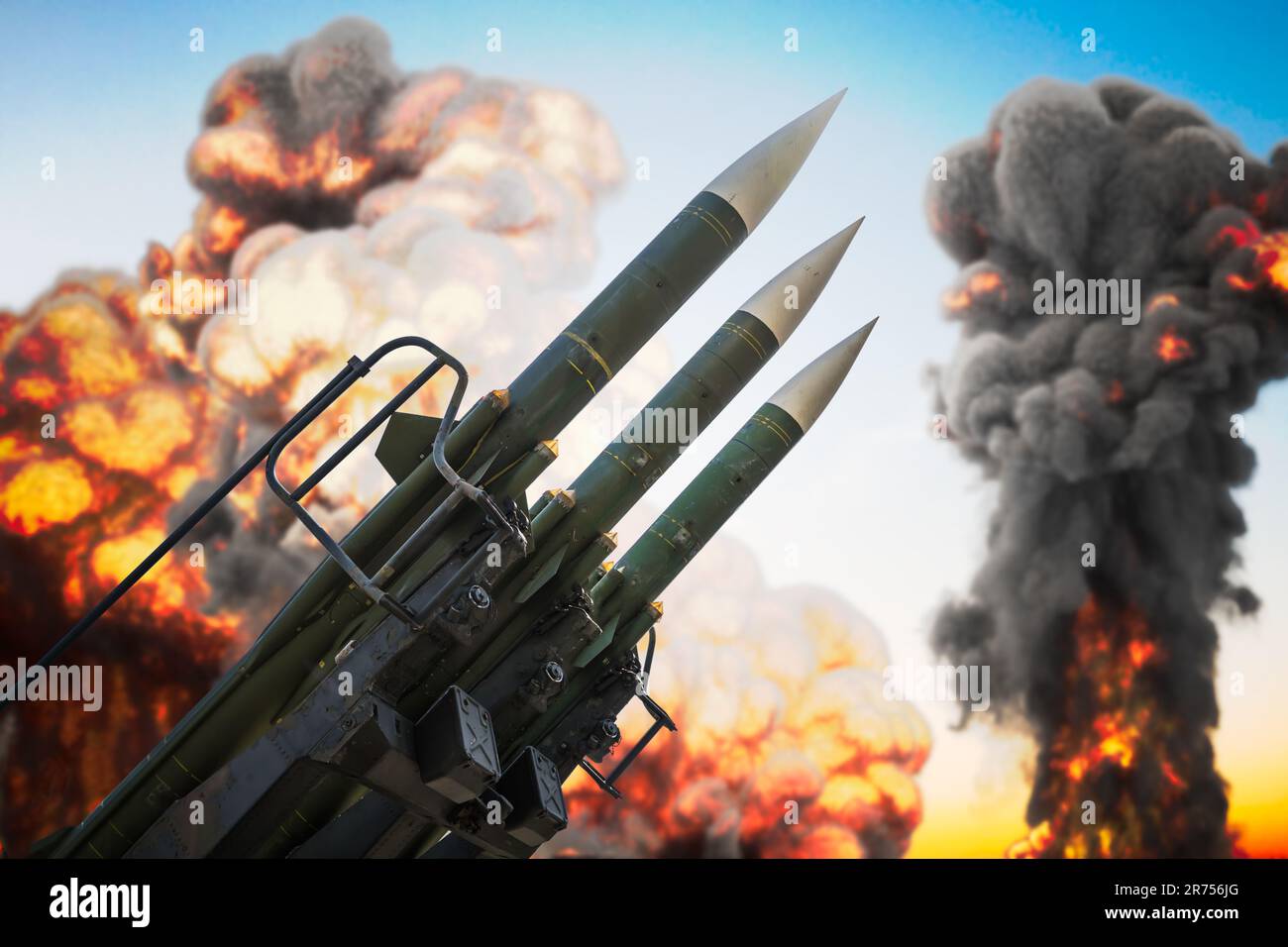 Warhead missiles and explosions in background. War concept. 3D rendered ...