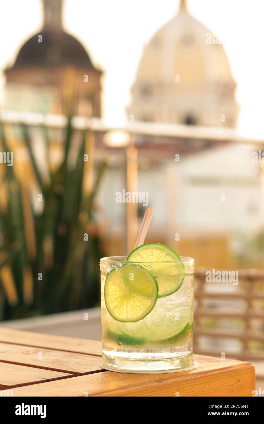 A closeup of a glass of mojito on a rooftop cafe in Cartagena, Colombia ...