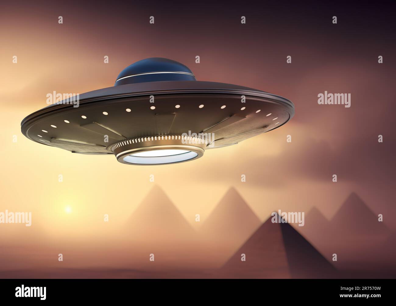UFO spaceship flying above pyramids in Egypt. 3D rendered illustration ...