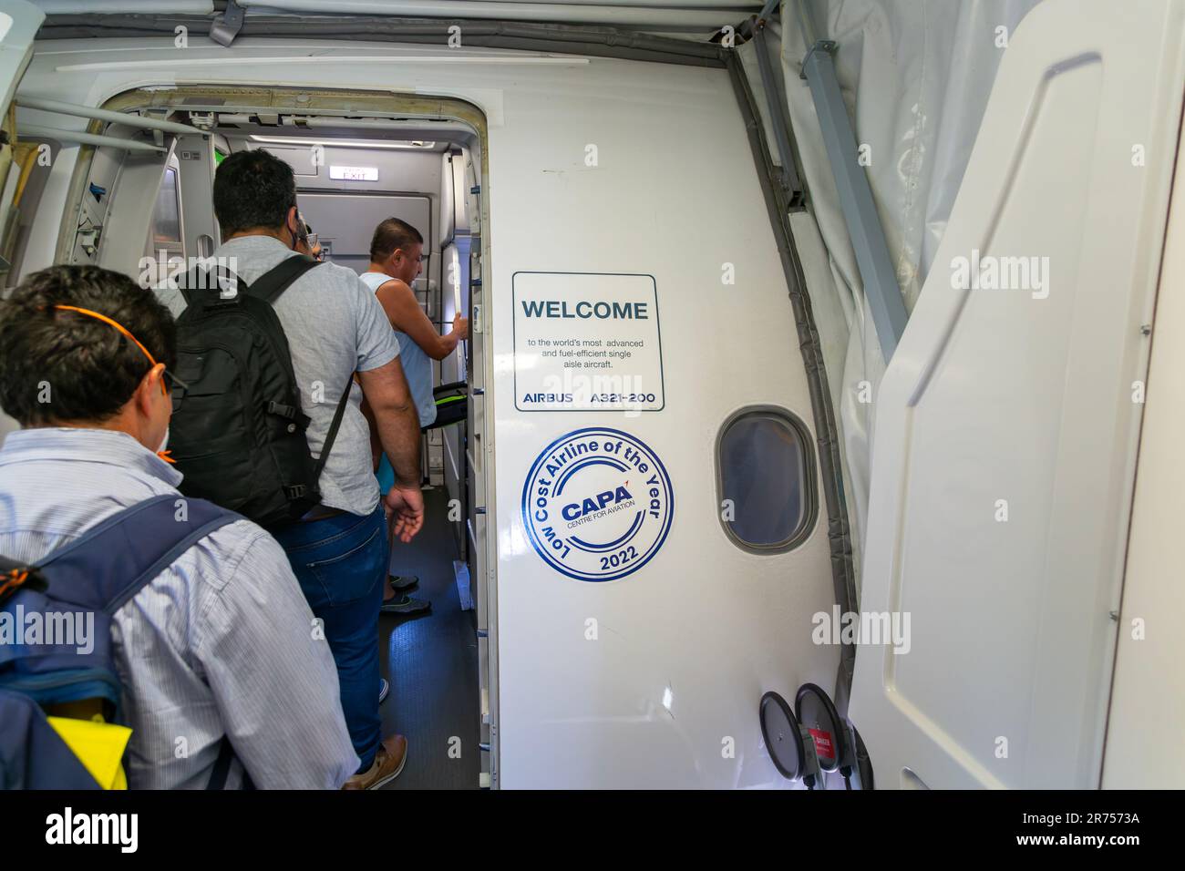 Passengers boarding Viva Aerobus Airbus A321 plane at Merida airport ...