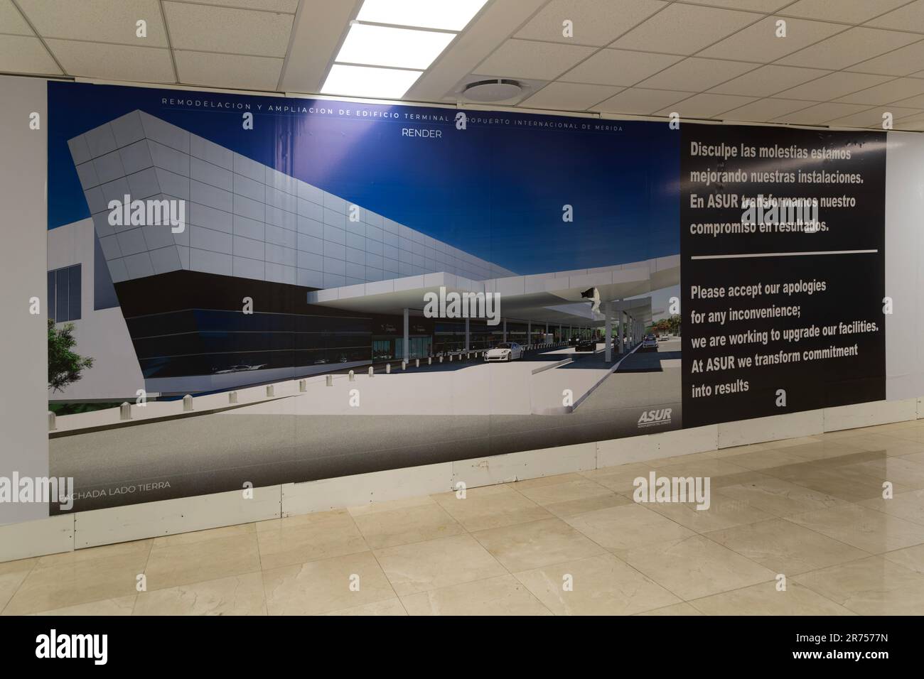 Information poster about redeveopemnt work at Merida airport, Mexico ...