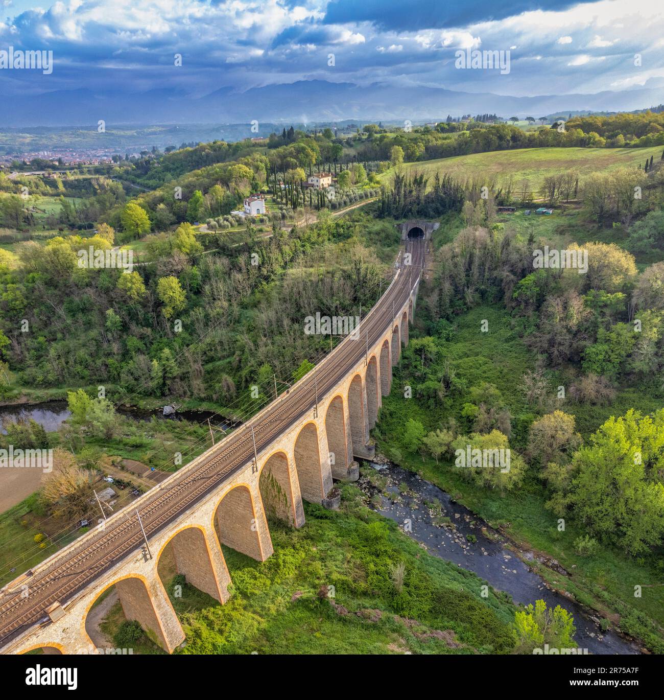 Italy, Tuscany, Arezzo province, Bucine, the arched railway bridge ...
