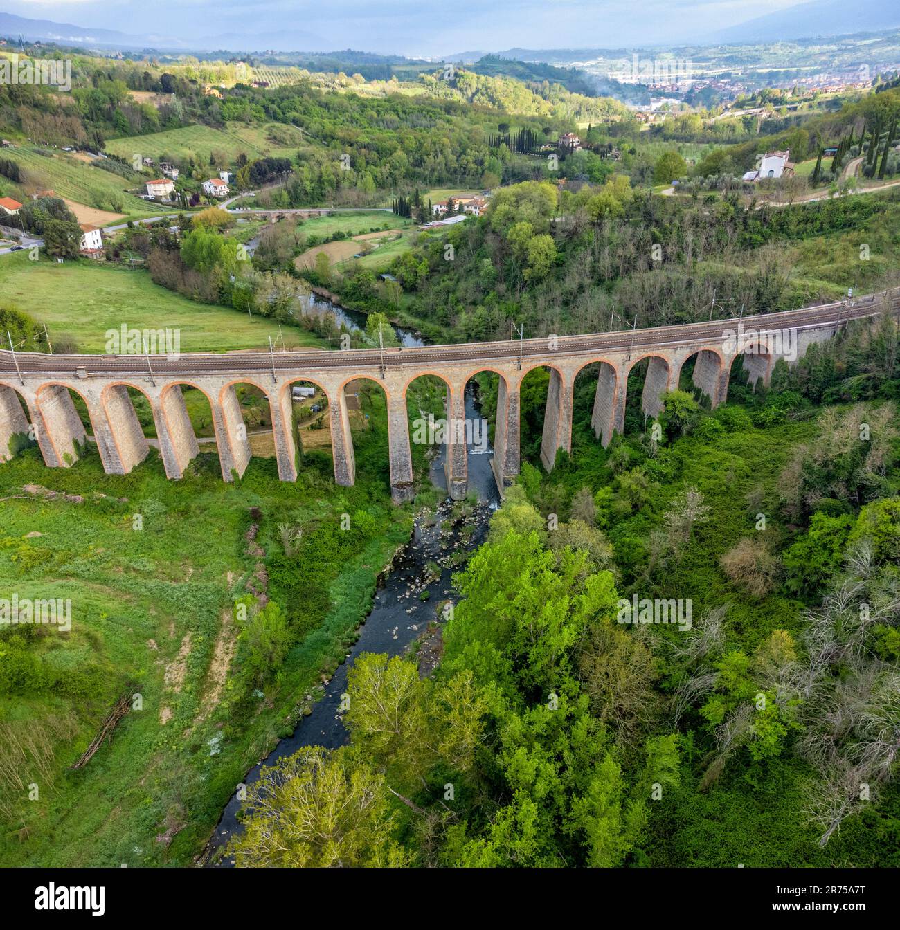 Italy, Tuscany, Arezzo province, Bucine, the arched railway bridge ...