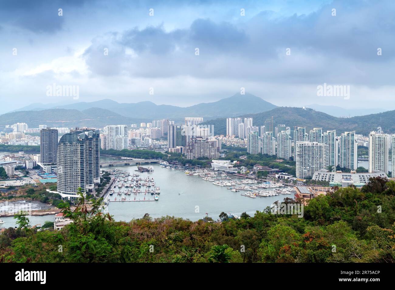 Aerial view of the coastal city of Sanya on China's Hainan Island Stock ...