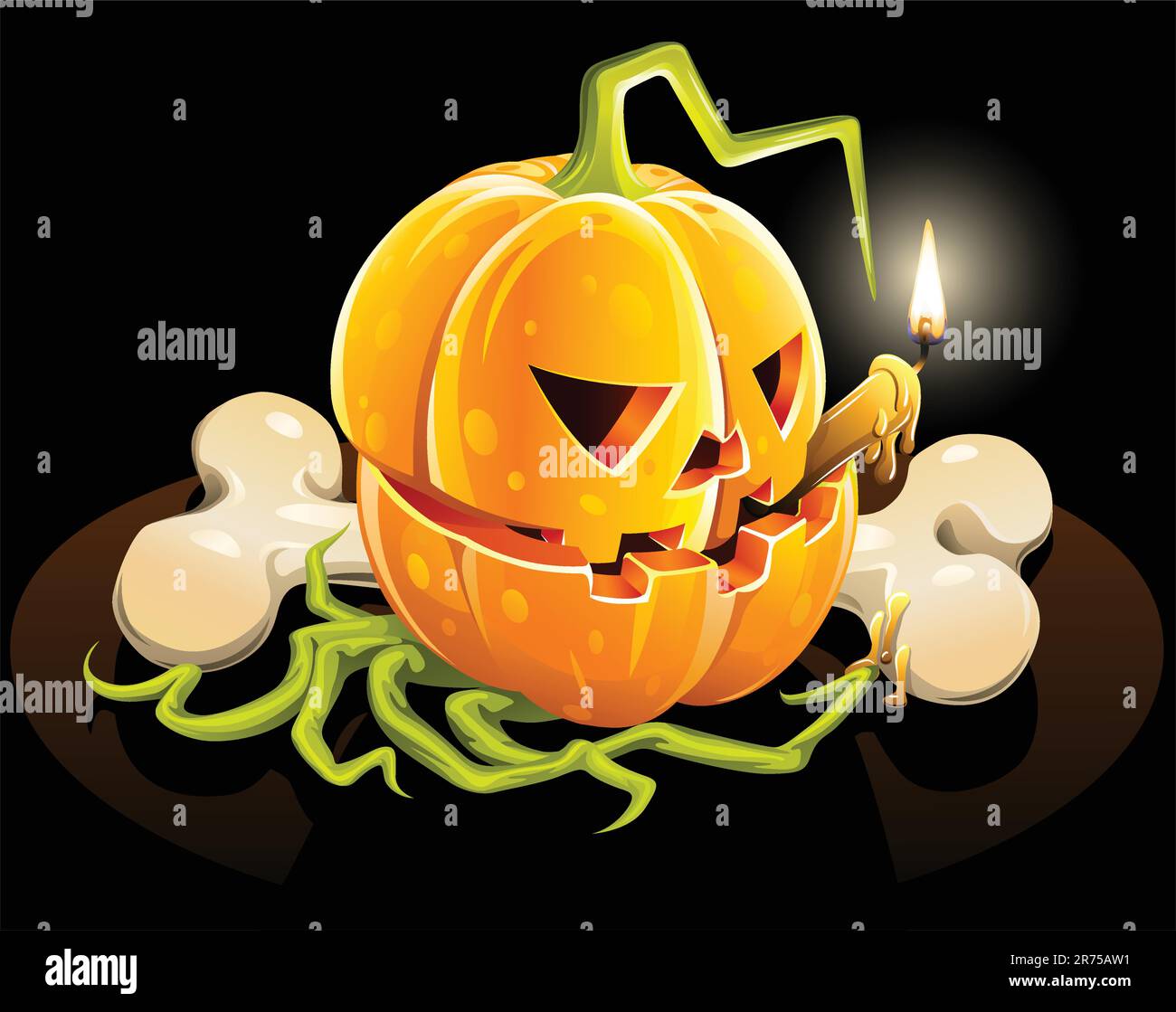 pumpkin with skeleton bone on black background vector illustration ...