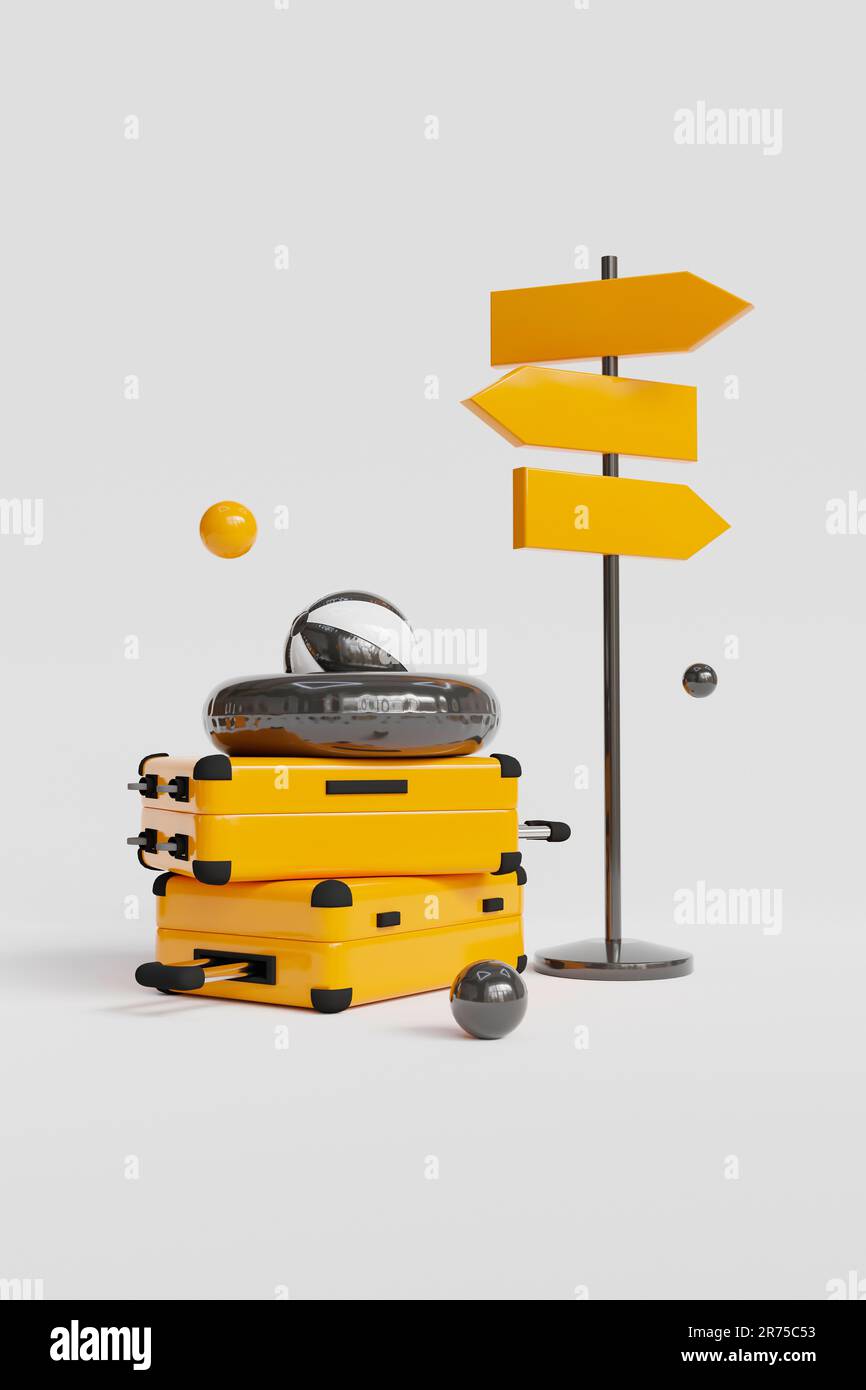 Vertical collage image of pile stack yellow suitcase inflatable ring ...